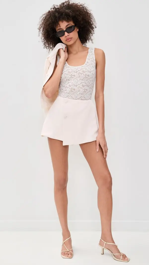 Good American Stretch Lace Scoop Neck Thong Bodysuit - Chalk