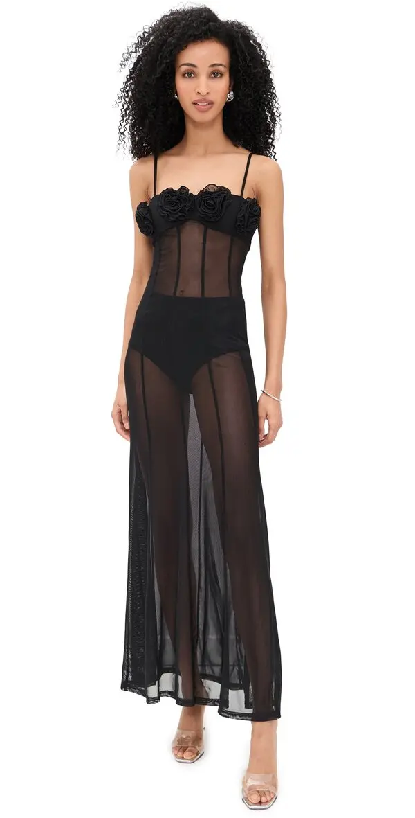 RUNAWAY THE LABEL Sheer Flower Trim Maxi Dress