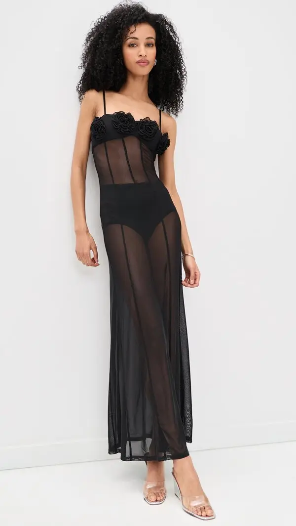 RUNAWAY THE LABEL Sheer Flower Trim Maxi Dress
