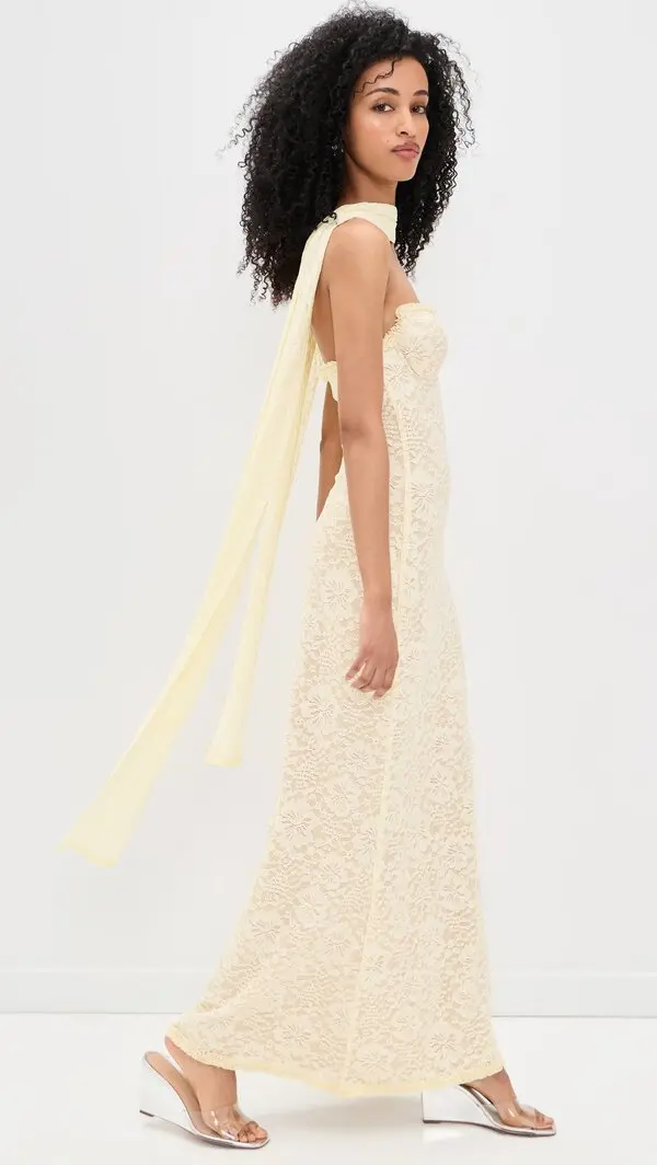 RUNAWAY THE LABEL Amana Strapless Lace Maxi Dress With Scarf - Lemon