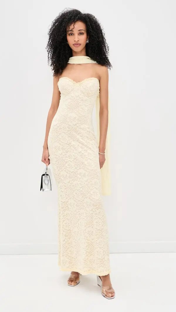 RUNAWAY THE LABEL Amana Strapless Lace Maxi Dress With Scarf - Lemon