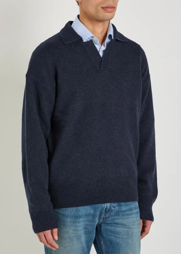 BOSS Open Collar Wool Jumper - Navy