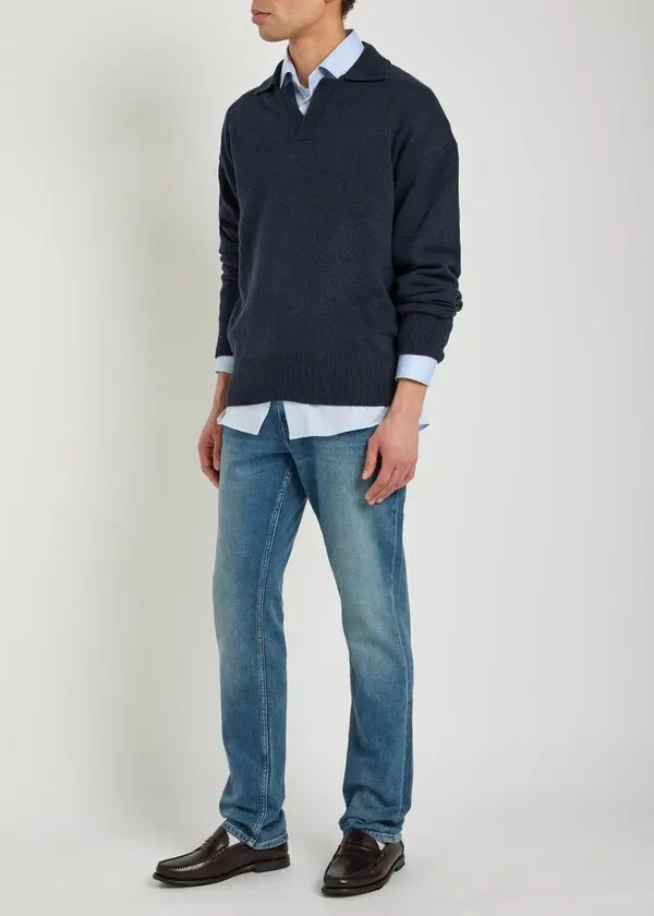BOSS Open Collar Wool Jumper - Navy