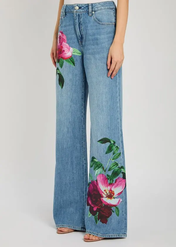 Alice + Olivia Floral-print Straight-leg Jeans - Blue