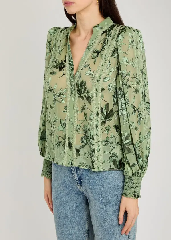 Alice + Olivia Arlette Devoré Chiffon Blouse - Green