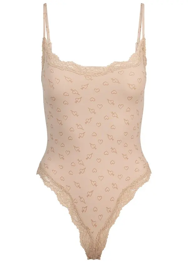 SKIMS Printed Lace-trim Stretch-jersey Bodysuit