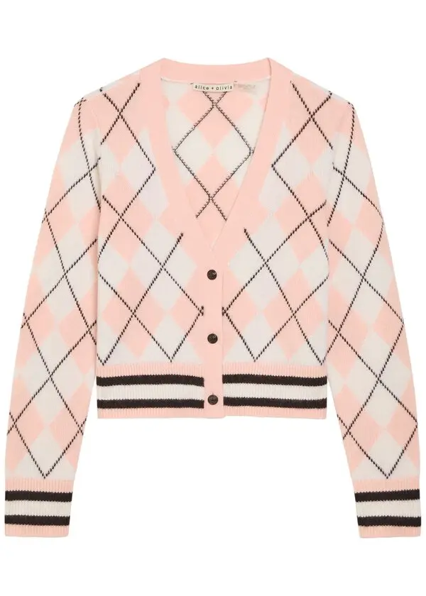Alice + Olivia Grace Argyle Cropped Cardigan - Pink
