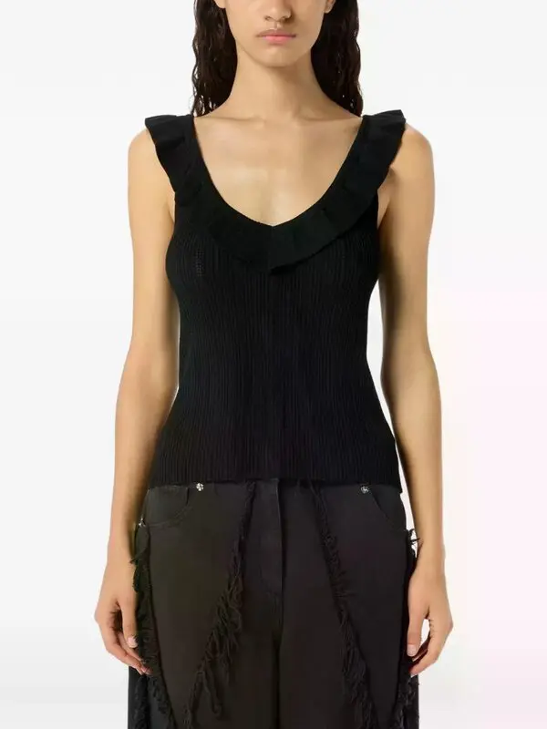Blumarine Ribbed Knit V-neck Tank Top With Ruffled Trim - Black