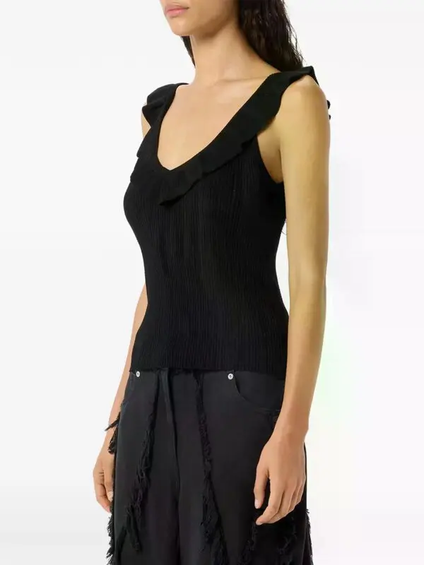 Blumarine Ribbed Knit V-neck Tank Top With Ruffled Trim - Black