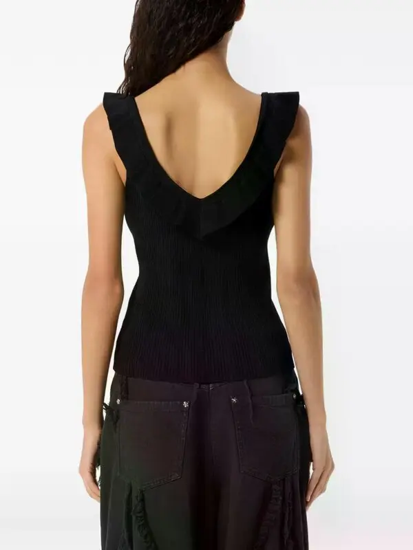 Blumarine Ribbed Knit V-neck Tank Top With Ruffled Trim - Black