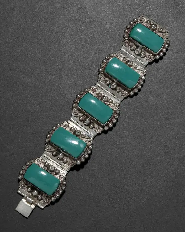 Alexis Bittar Vintage 1940s Sterling & Green Onyx Link Bracelet - Silver