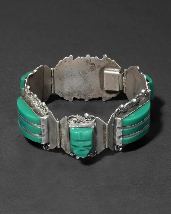 Alexis Bittar Vintage 1930s Sterling & Green Onyx Link Bracelet - Silver