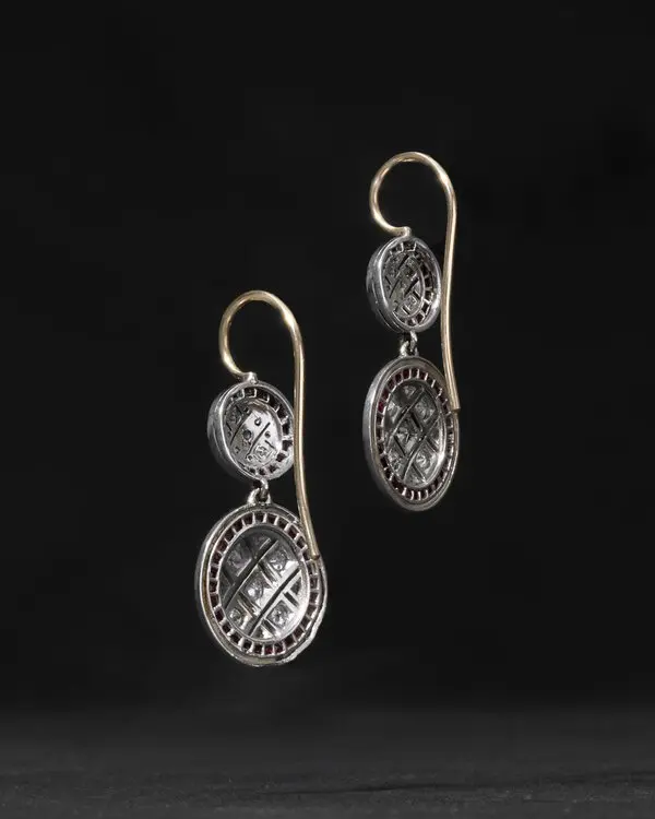 Alexis Bittar Vintage 1930s Platinum & 14k Ruby & Diamond Deco Drop Earrings - Gold