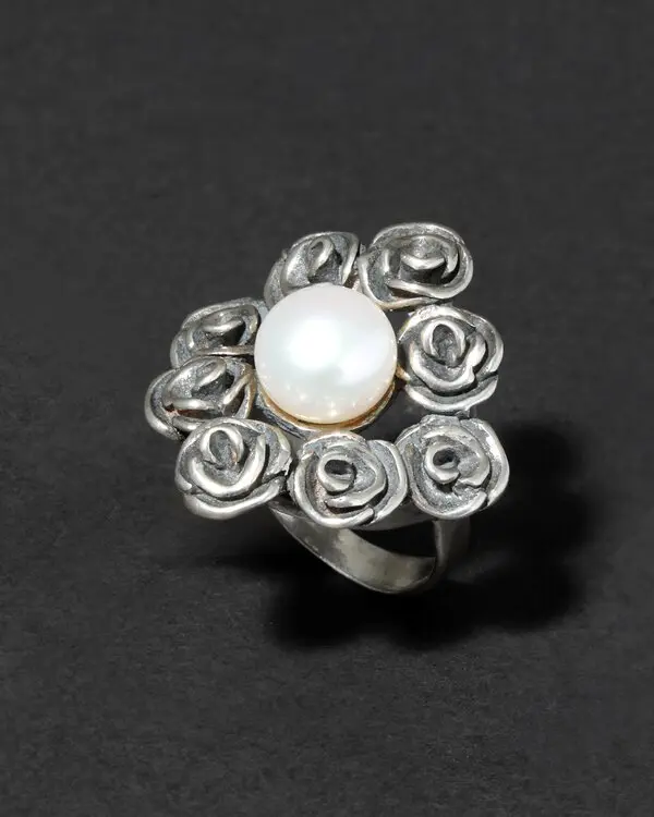 Alexis Bittar Vintage 1970s Sterling Rosette Framed Cultured Pearl Ring - Silver