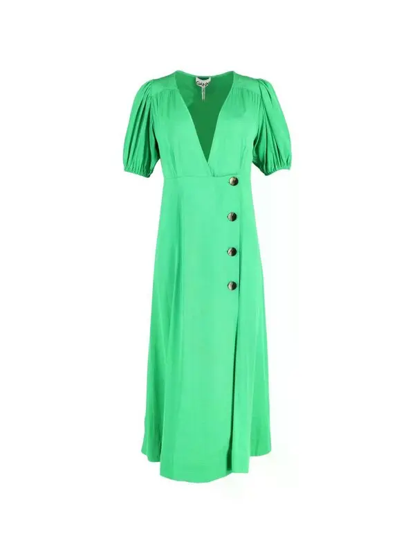 GANNI Puffed-sleeve V-neck Midi Dress