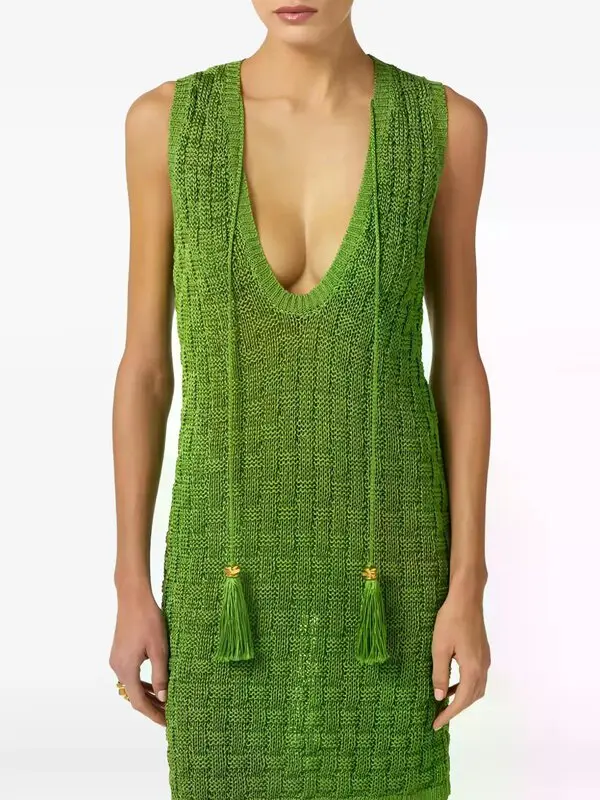 Elisabetta Franchi Knit Mini Dress With Tassels - Green
