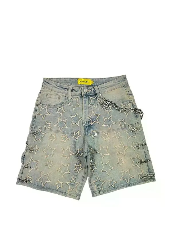 GUAPI Star-embossed Chain Denim Shorts - Blue