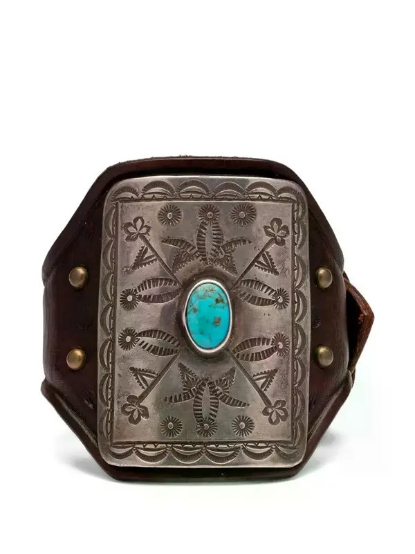 FORTELA Engraved Leather Bracelet With Turquoise Stone - Brown