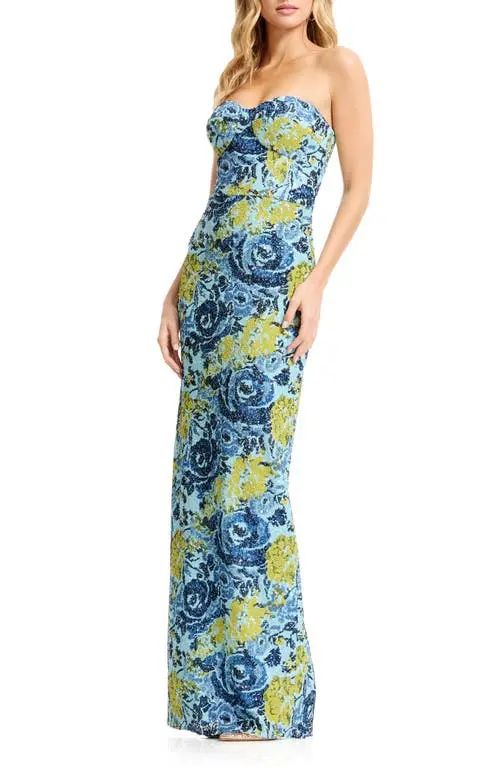 Dress The Population Beaded Floral Strapless Gown - Sky Multi