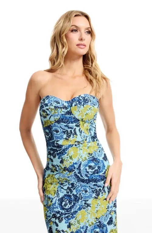 Dress The Population Beaded Floral Strapless Gown - Sky Multi