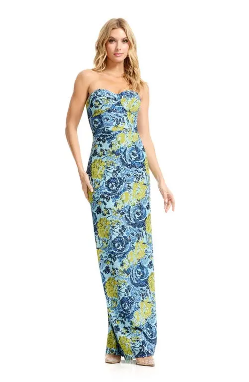 Dress The Population Beaded Floral Strapless Gown - Sky Multi