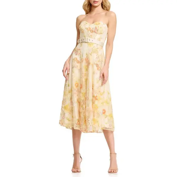 Dress The Population Mabel Strapless Floral Midi Dress - Ivory Multi
