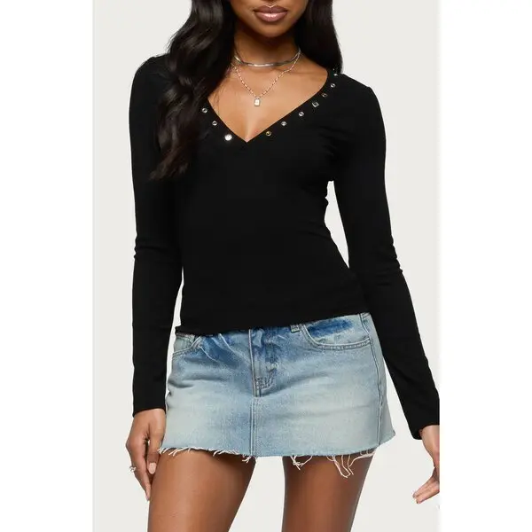 EDIKTED Rossie Studded Long Sleeve T-shirt