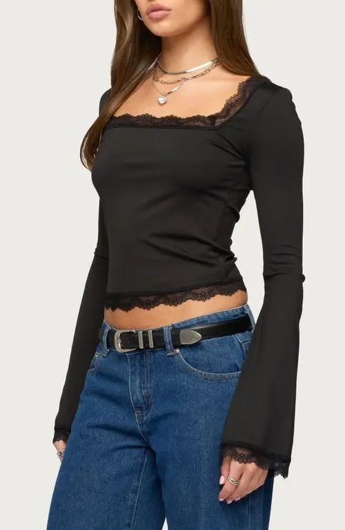 EDIKTED Lace Trim Bell Sleeve Crop Top
