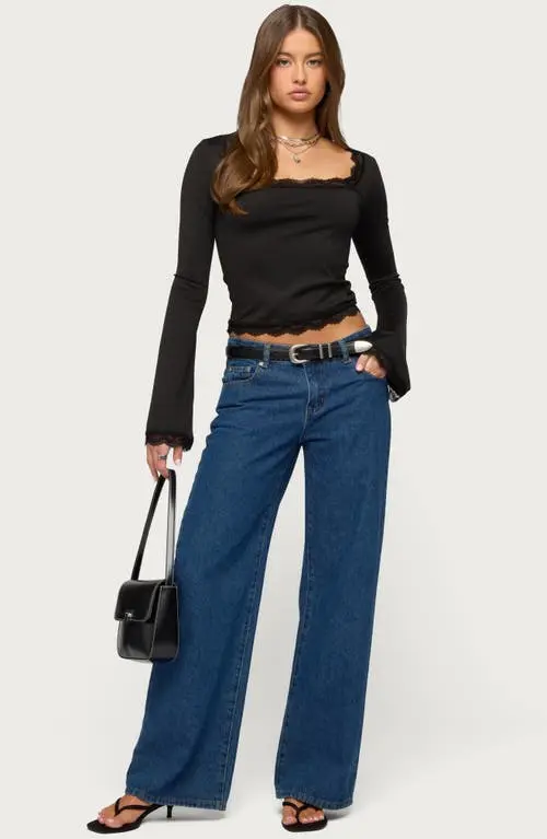 EDIKTED Lace Trim Bell Sleeve Crop Top