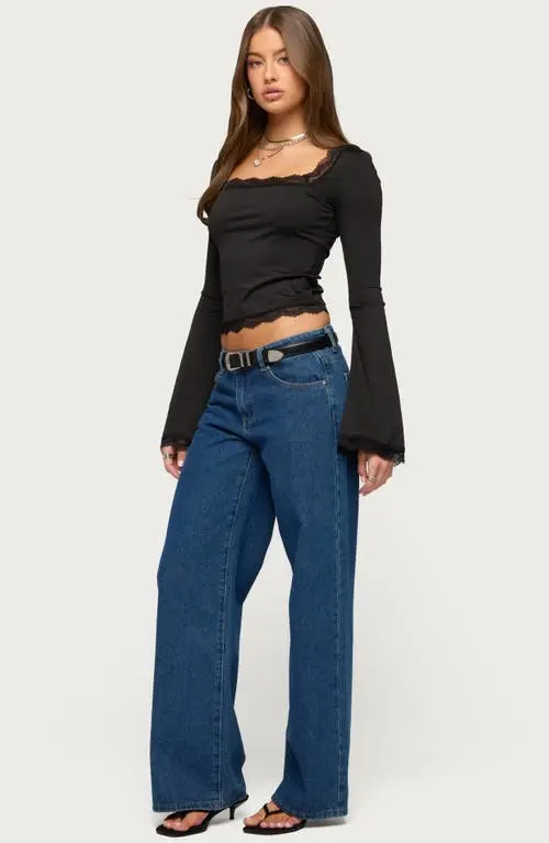 EDIKTED Lace Trim Bell Sleeve Crop Top