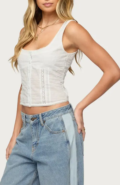 EDIKTED Lace Inset Crop Cotton Button-up Shirt - White
