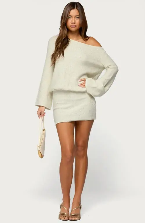 EDIKTED Sequin One-shoulder Knit Mini Dress - Cream