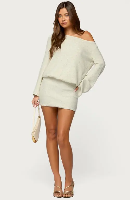 EDIKTED Sequin One-shoulder Knit Mini Dress - Cream
