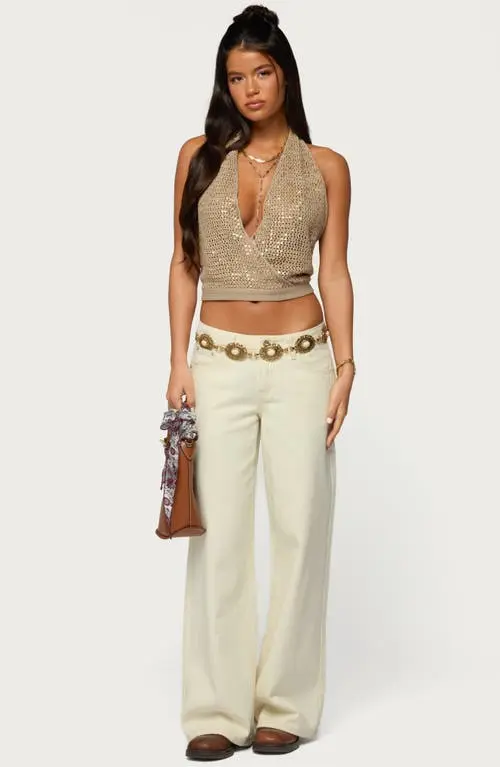 EDIKTED Sequin Crochet Halter Top