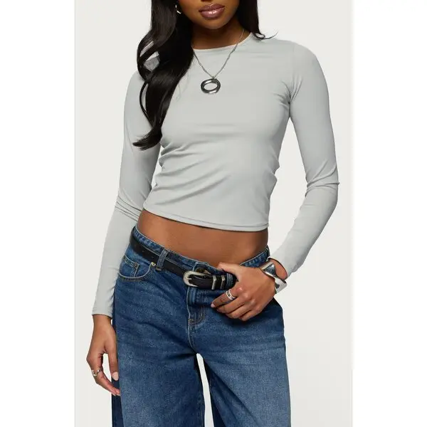 EDIKTED Long Sleeve Crop Top - Gray