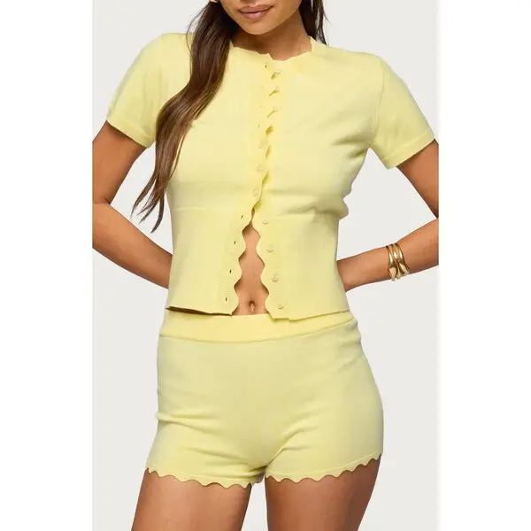 EDIKTED Rosie Scallop Placket Short Sleeve Cardigan