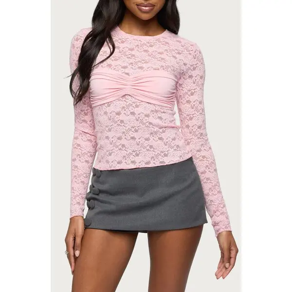 EDIKTED Rosette Bandeau Sheer Lace Top