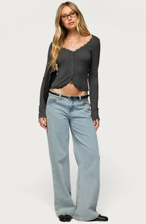 EDIKTED Lace Trim Button-up Crop Top - Dark-gray