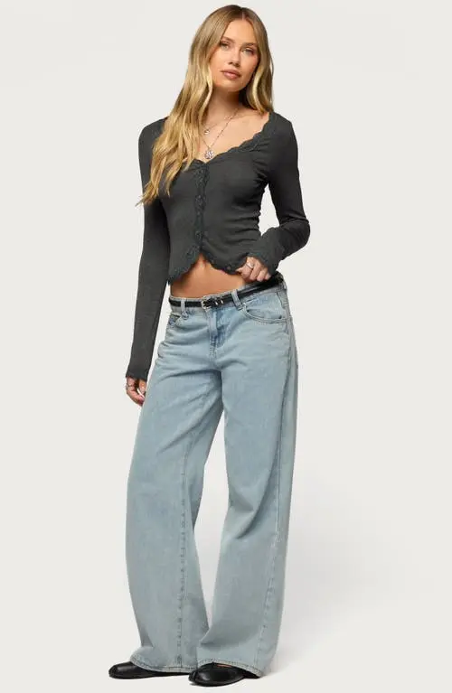 EDIKTED Lace Trim Button-up Crop Top - Dark-gray