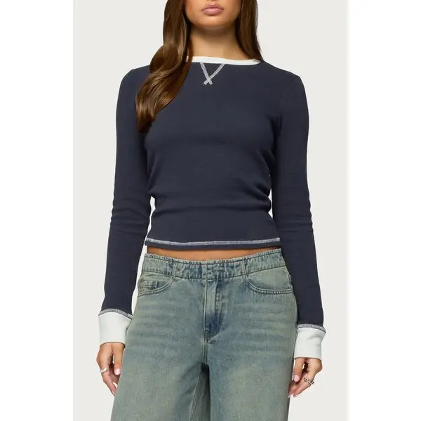 EDIKTED Contrast Trim Cotton Blend Waffle Top - Navy