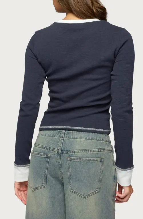 EDIKTED Contrast Trim Cotton Blend Waffle Top - Navy