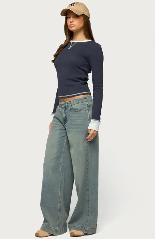 EDIKTED Contrast Trim Cotton Blend Waffle Top - Navy