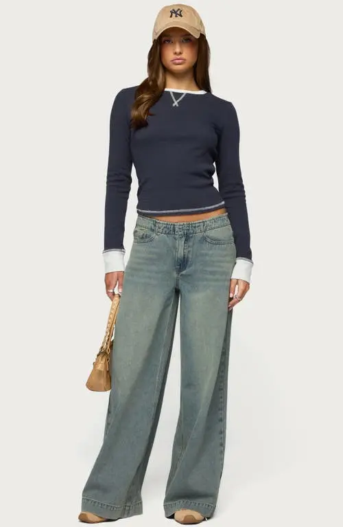 EDIKTED Contrast Trim Cotton Blend Waffle Top - Navy