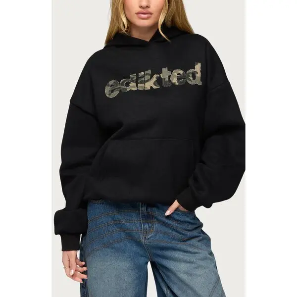 EDIKTED Oversized Hoodie With Camouflage Logo - Black
