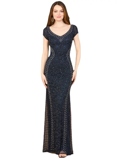 LARA NEW YORK Beaded Mermaid Cap Sleeve Gown - Navy