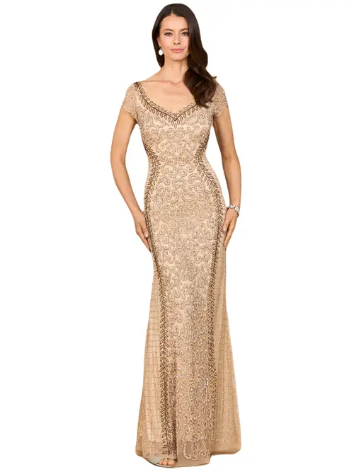 LARA NEW YORK Beaded Mermaid Cap Sleeve Gown - Nude