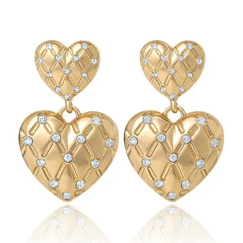 Juicy Couture Quilted Double Heart Drop Earrings - Gold Tone
