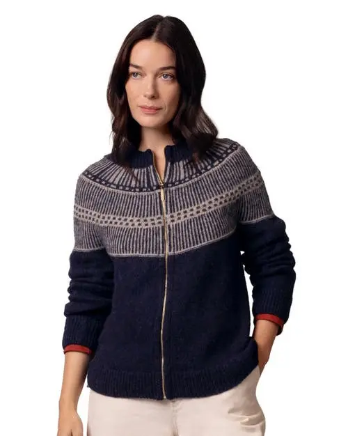 CELTIC & CO. British Wool Yoke Stitch Cardigan - Navy/oatmeal