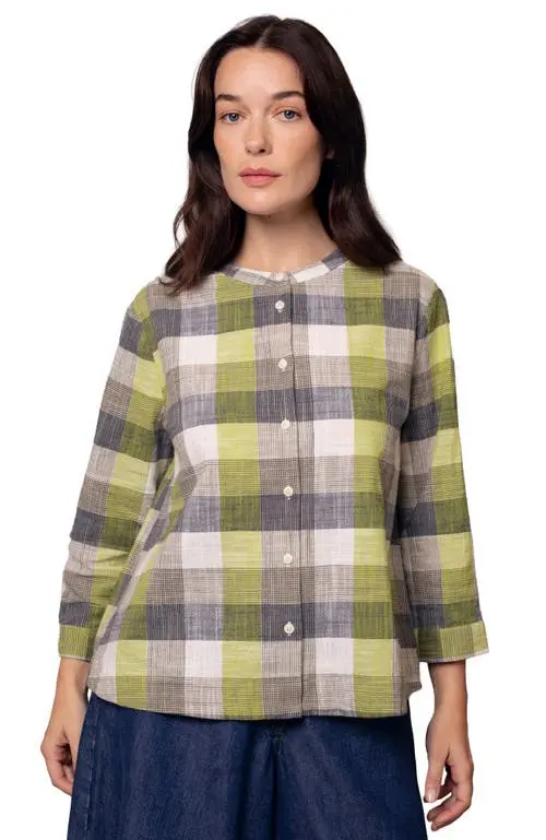 CELTIC & CO. Collarless Swing Blouse - Slate/green Check