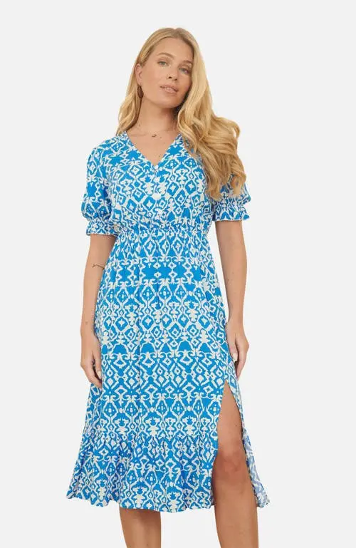 YUMI Geometric Print Puff Sleeve Midi Dress